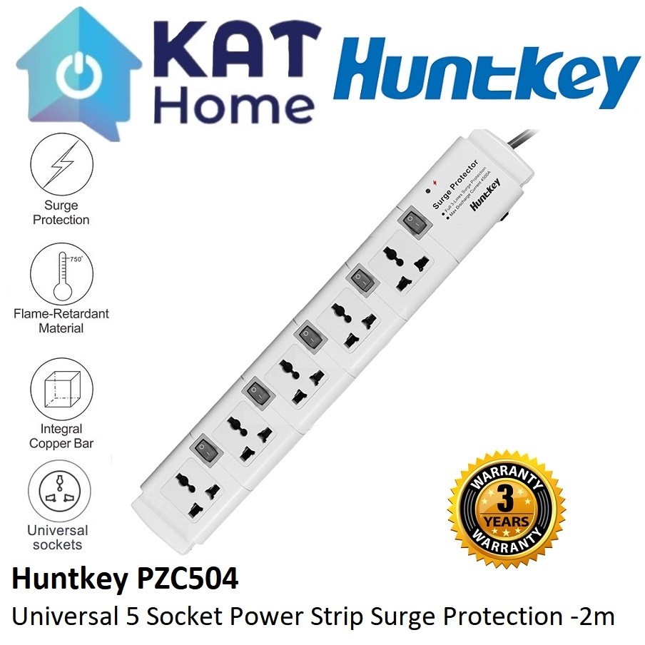 HUNTKEY PZC504-3 POWER STRIP SURGE PROTECTOR 5 PLUGS 2 METER EXTENSION ...