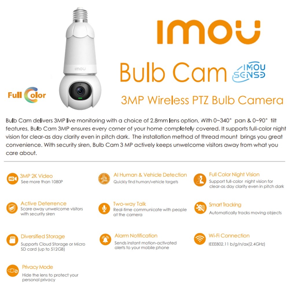 Imou PTZ Bulb Cam 5MP Light Bulb Camera 3MP 2K 360 Turning Color Night ...