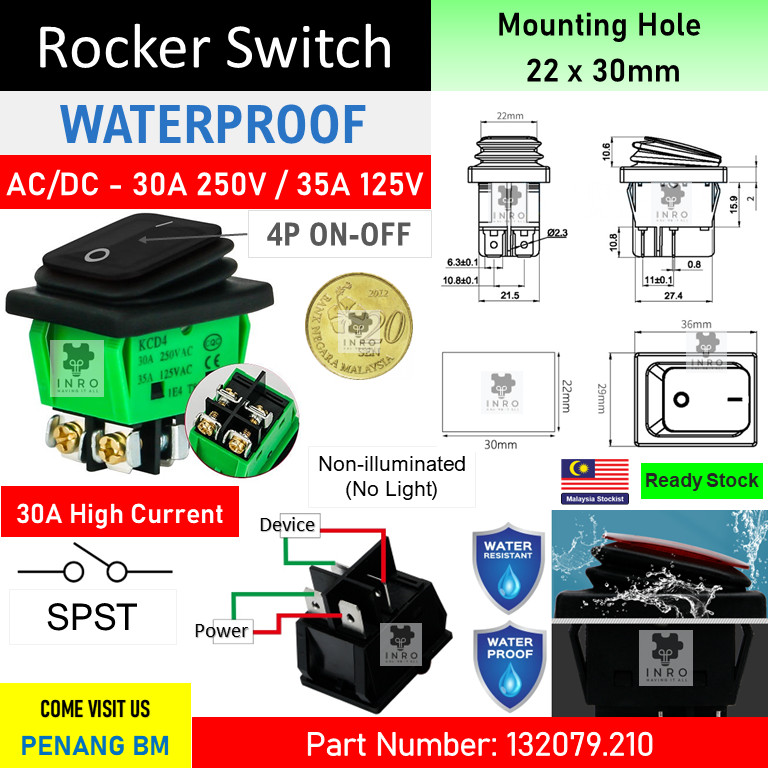 30A 250V Waterproof [AC DC] 4 Pin / 6 Pin DPST DPDT KCD4 Rocker Switch ...