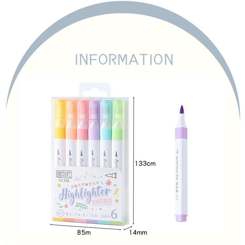 6 Colors Pastel Highlighters Set Soft Tip Bullet Journal Pens Study ...