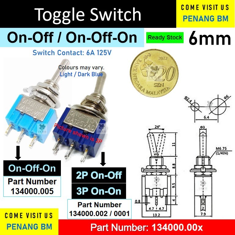 [Light / Dark Blue] 6mm Toggle Switch On Off On Off On Waterproof MTS ...