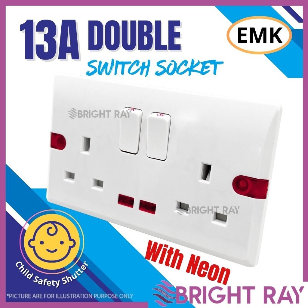 13A 250V DOUBLE SWITCH SOCKET WITH NEON 2 Way White Switch Socket ...