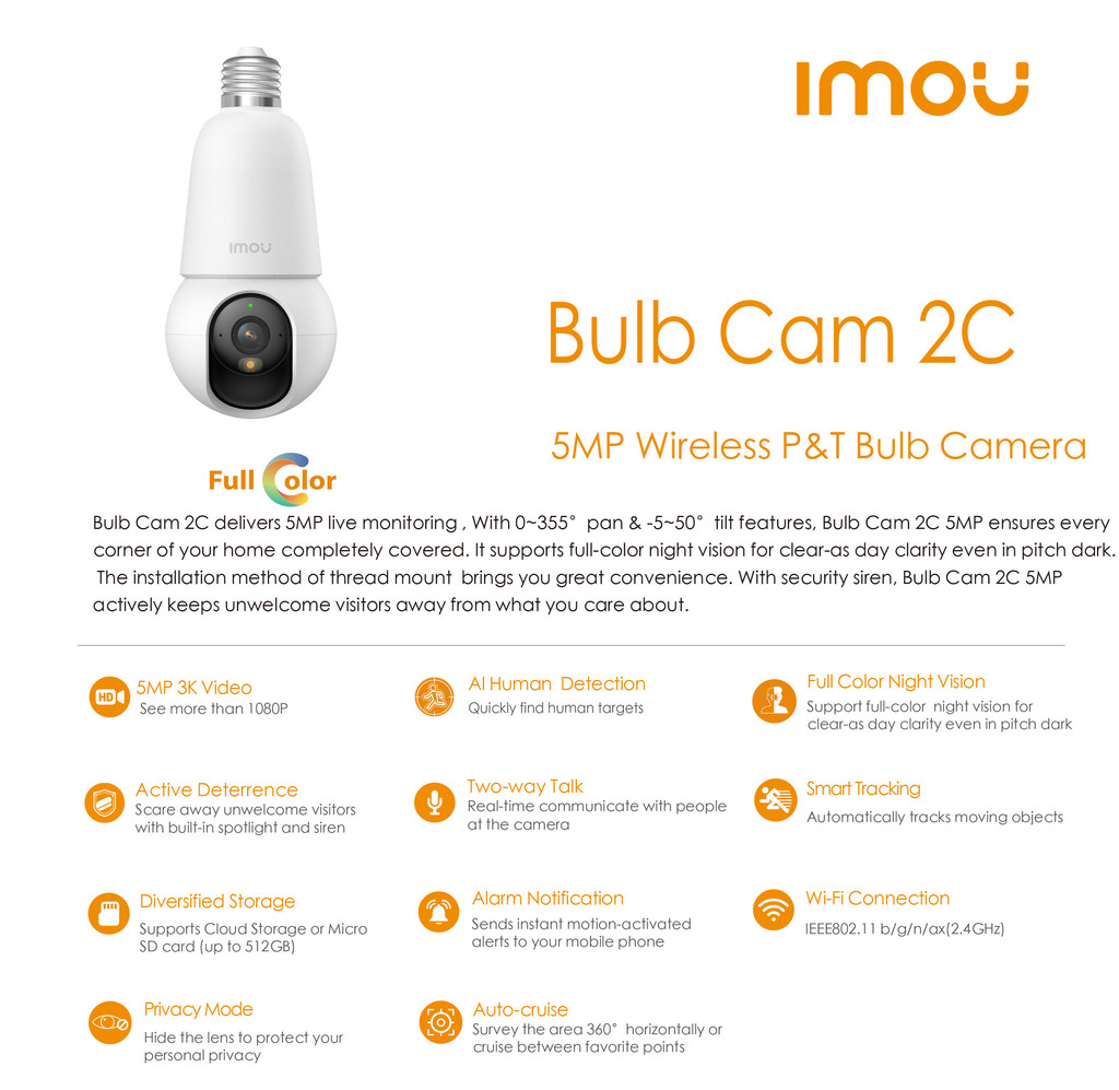 Imou PTZ Bulb Cam 5MP Light Bulb Camera 3MP 2K 360 Turning Color Night ...