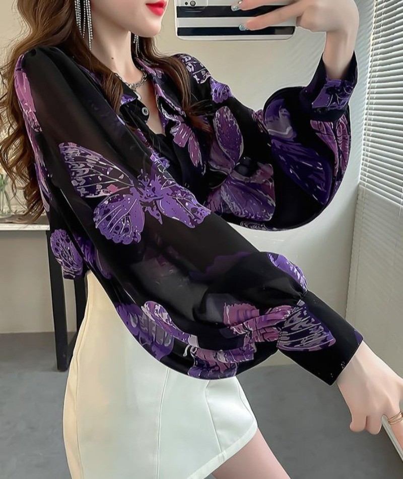 Cetakan rama-rama ungu yang melamun, baju wanita chiffon, tiga dimensi ...