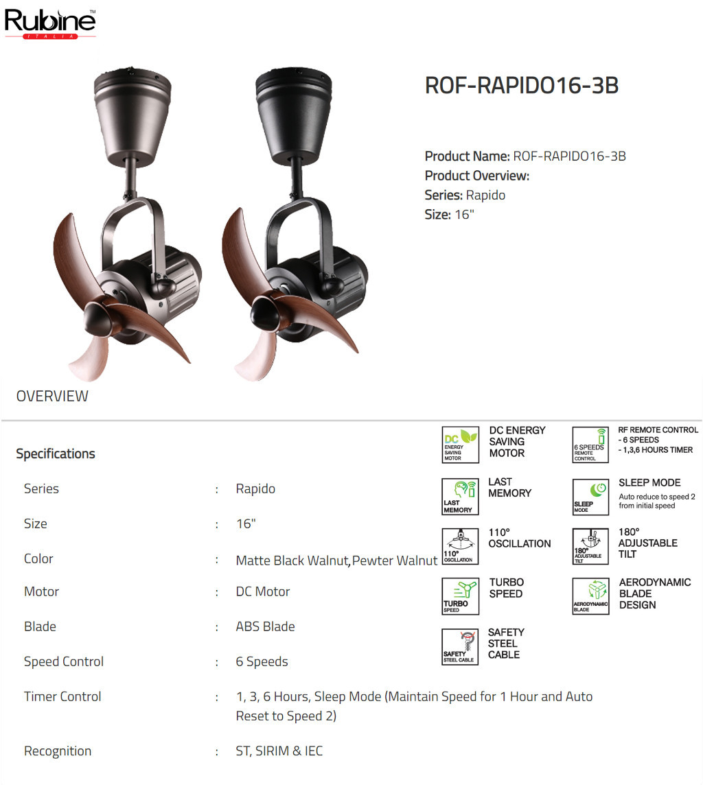 Rubine Ceiling Fan (16 Inch)180° Adjustable Tilt 6-Speed DC Motor ...