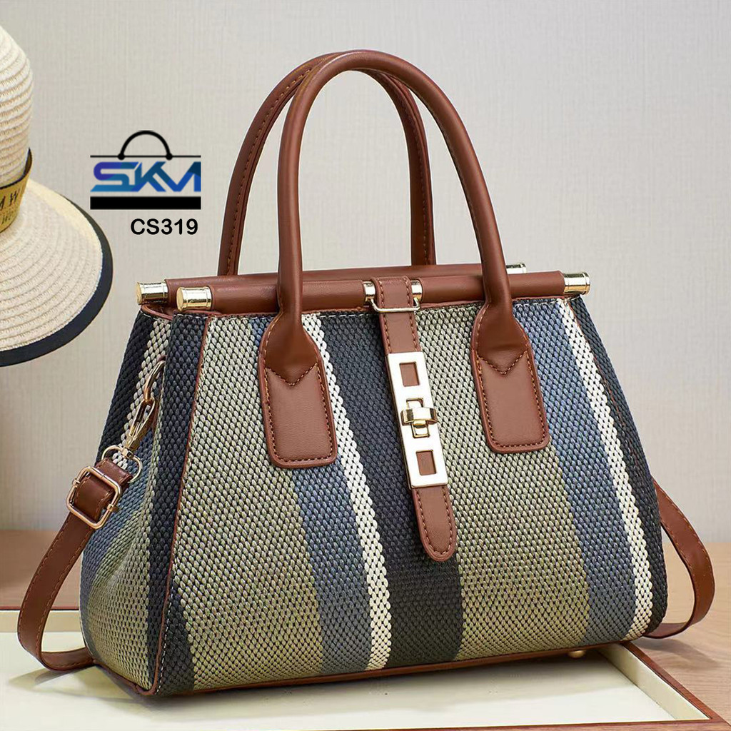 SKM Women's Handbag Large Capacity Stripe Design Sling Bag Beg Tangan ...