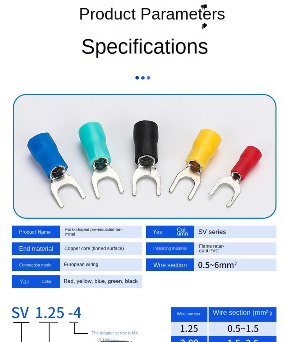 100Pcs Fork Type pre-Insulated Wiring Terminals SV1.25/2/3.5-4/6 wire crimping terminal U Y Type ...