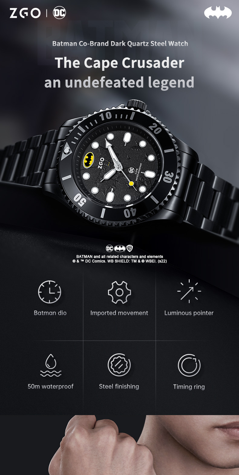 ZGO x DC Warner Batman Watch Men's Stone Steel Band Watch Waterproof ...