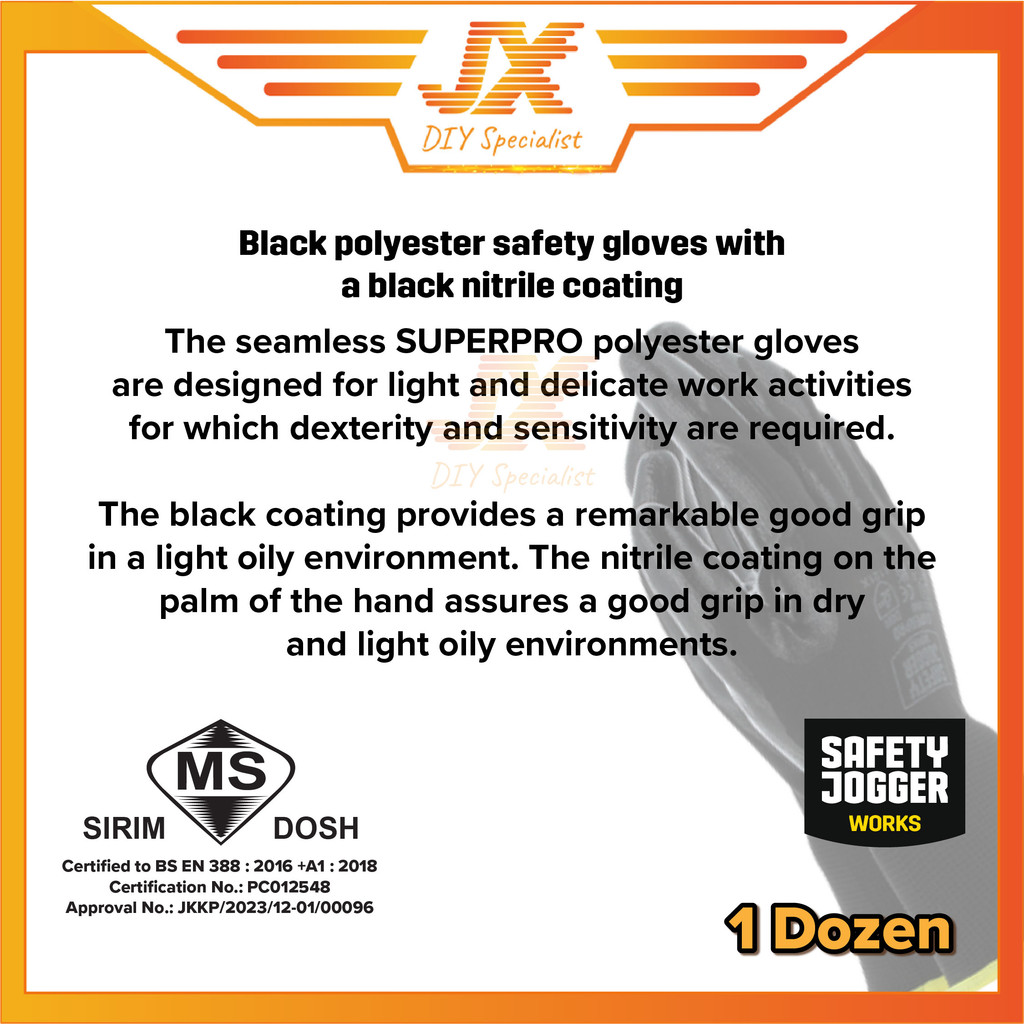 Safety Jogger Superpro 4121 Work Gloves PU Coating Glove 1 Dozen ...