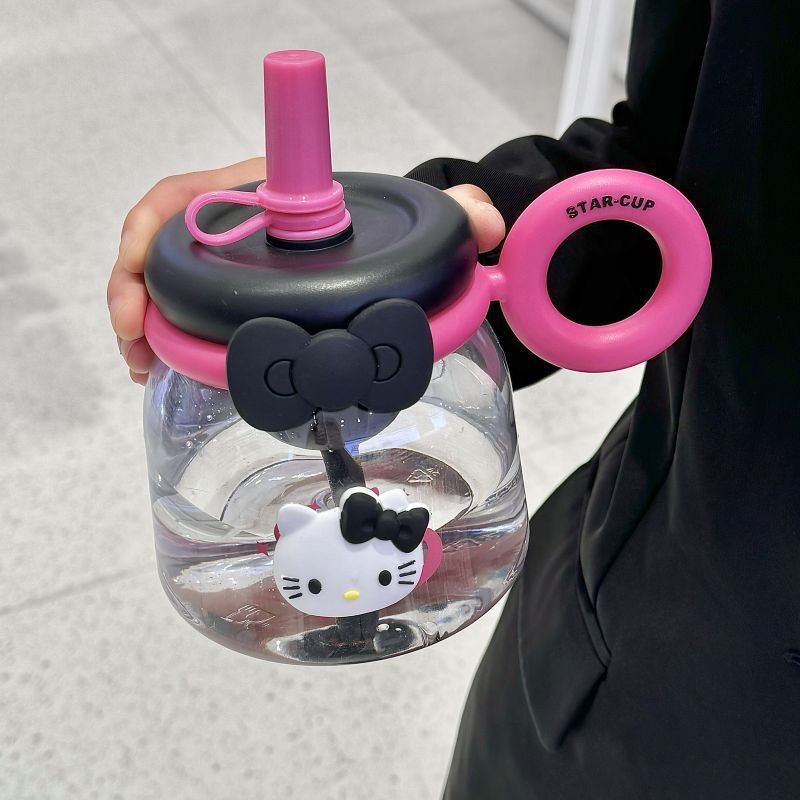 Cute cartoon Hello Kitty plastic water bottle, summer children's straw cup, student transparent ...