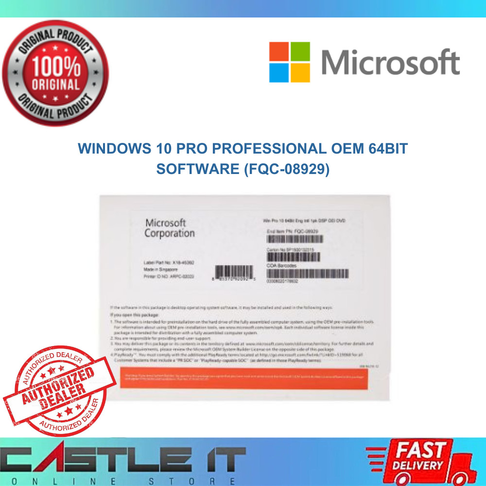 MICROSOFT WINDOWS 10 Professional OEM 64BIT SOFTWARE (FQC-08929 ...