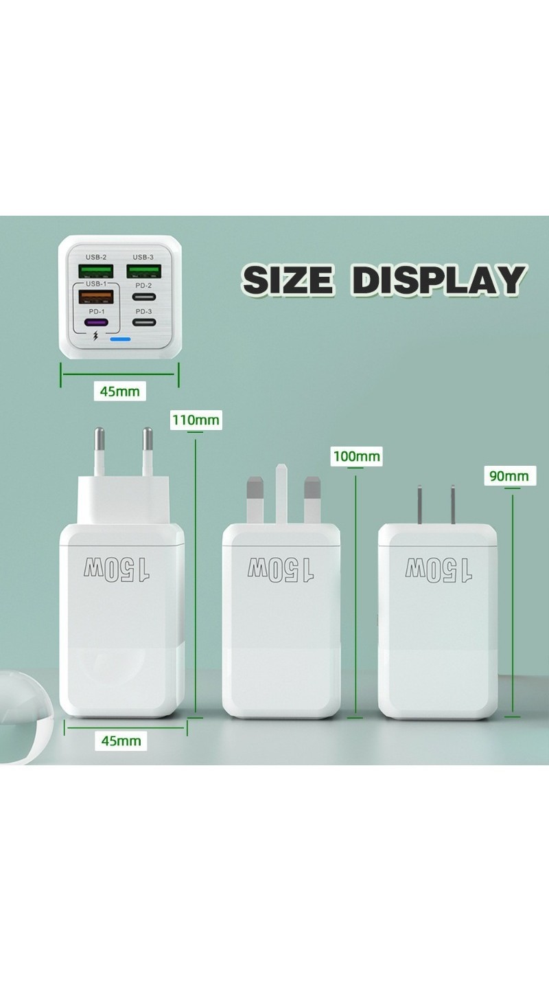 150W 6 Ports 3U+3C Fast Charging Charger Type C High Speed Charge ...