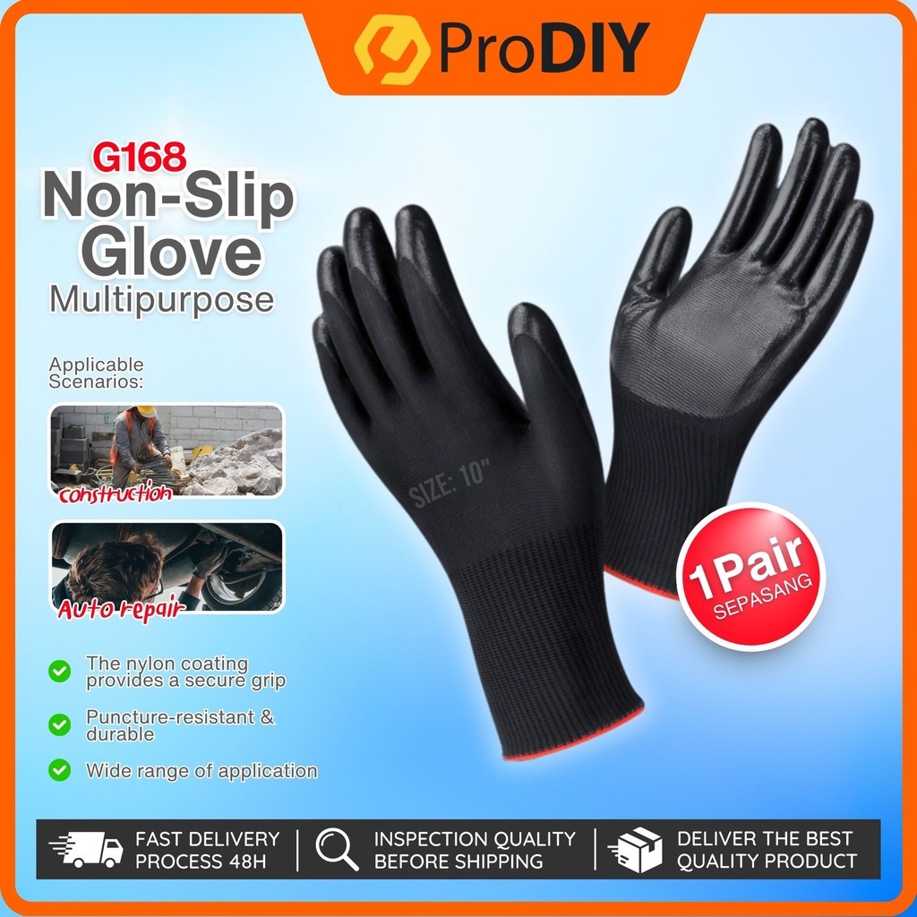 1 Pair G168 Multipurpose Non-Slip Glove ( Black ) Safety Glove Sarung ...