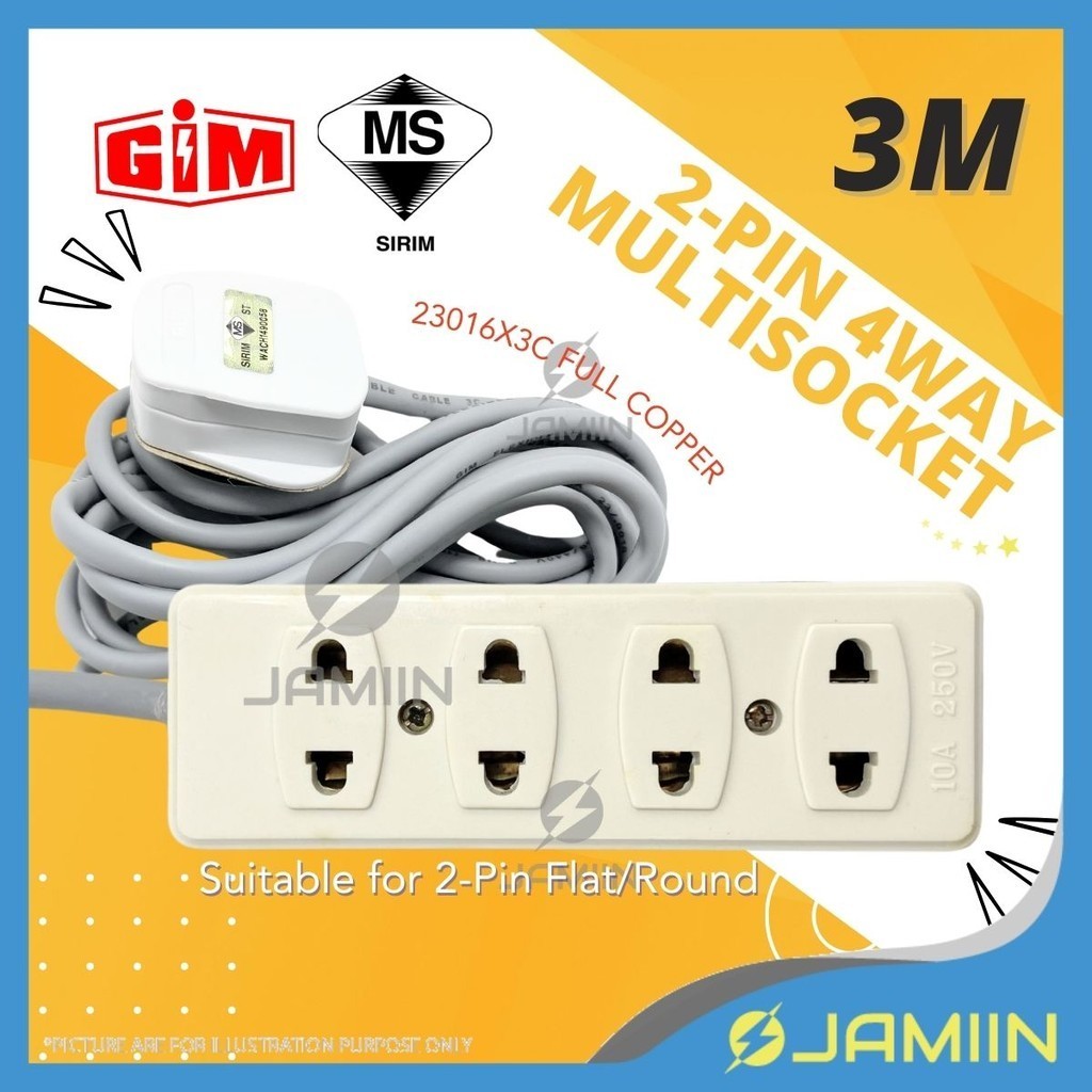 Gim 2 Pin 4 Way 3m Trailing Extension Multisocket 3 Pin Plug Top With Sirim Socket For 2pin Flat