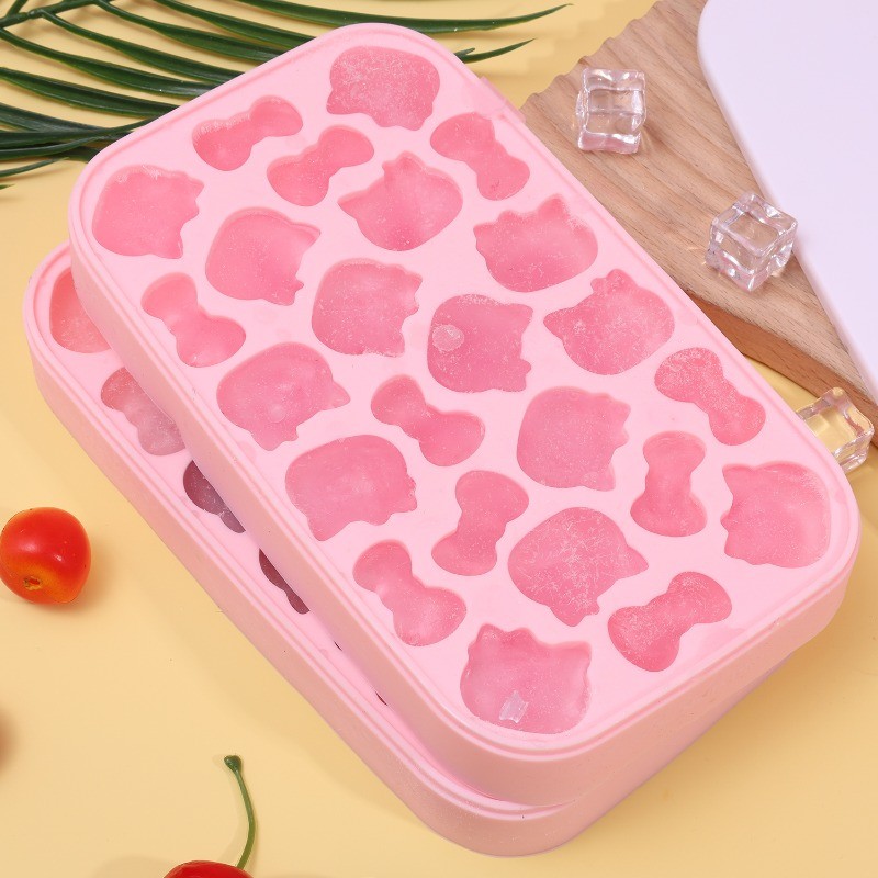 Cute Hello Kitty Shape Ice Cube Molds with Lid Soft Silicone DIY Cold ...