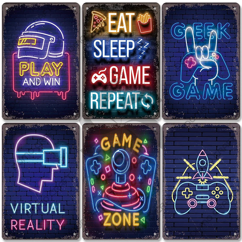 Neon Video Game Poster Metal Plate Gamer Play Win Game Zone Metal Tin ...