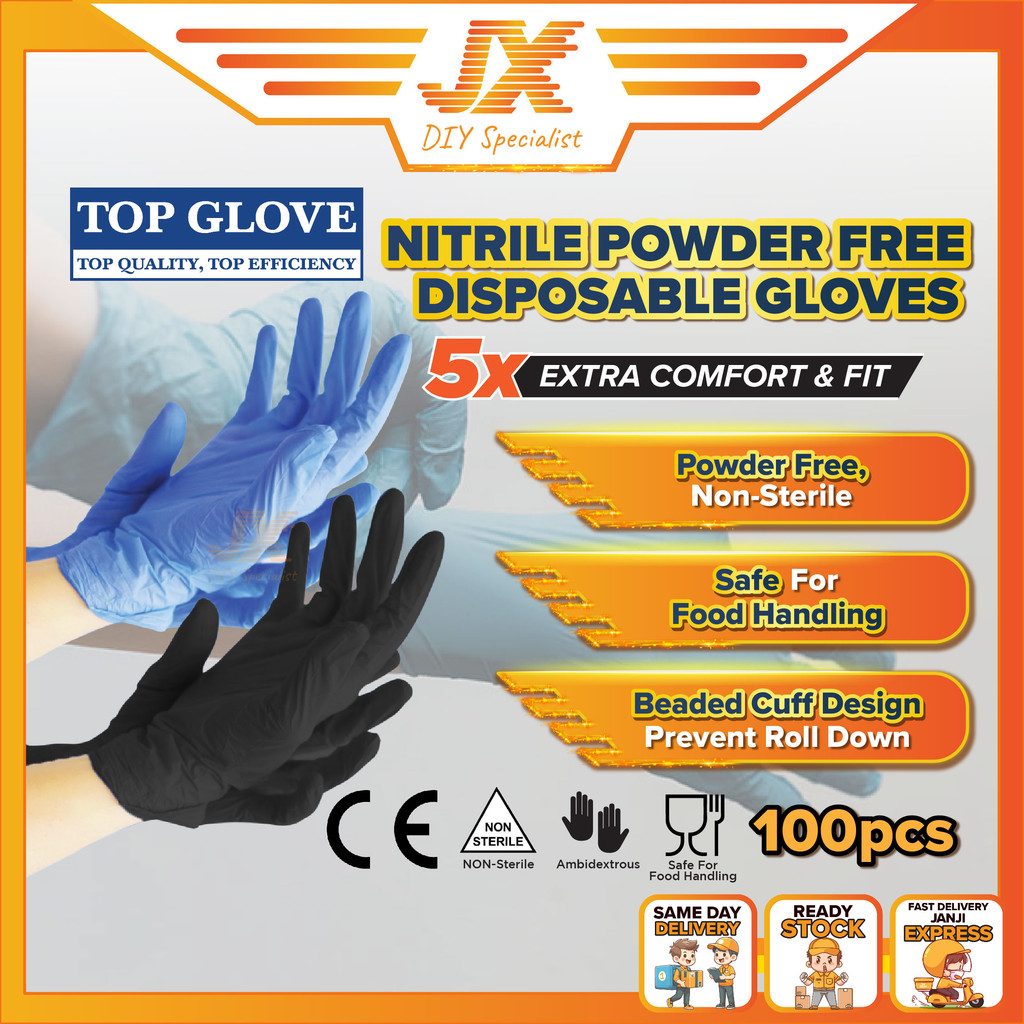 TOP GLOVE Nitrile Powder Free Blue Disposable Gloves 100 Pieces Single ...