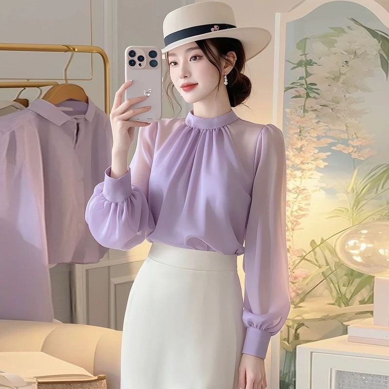 Korean Chic Elegant Purple Commuter Chiffon Blouse Women Puff Long ...