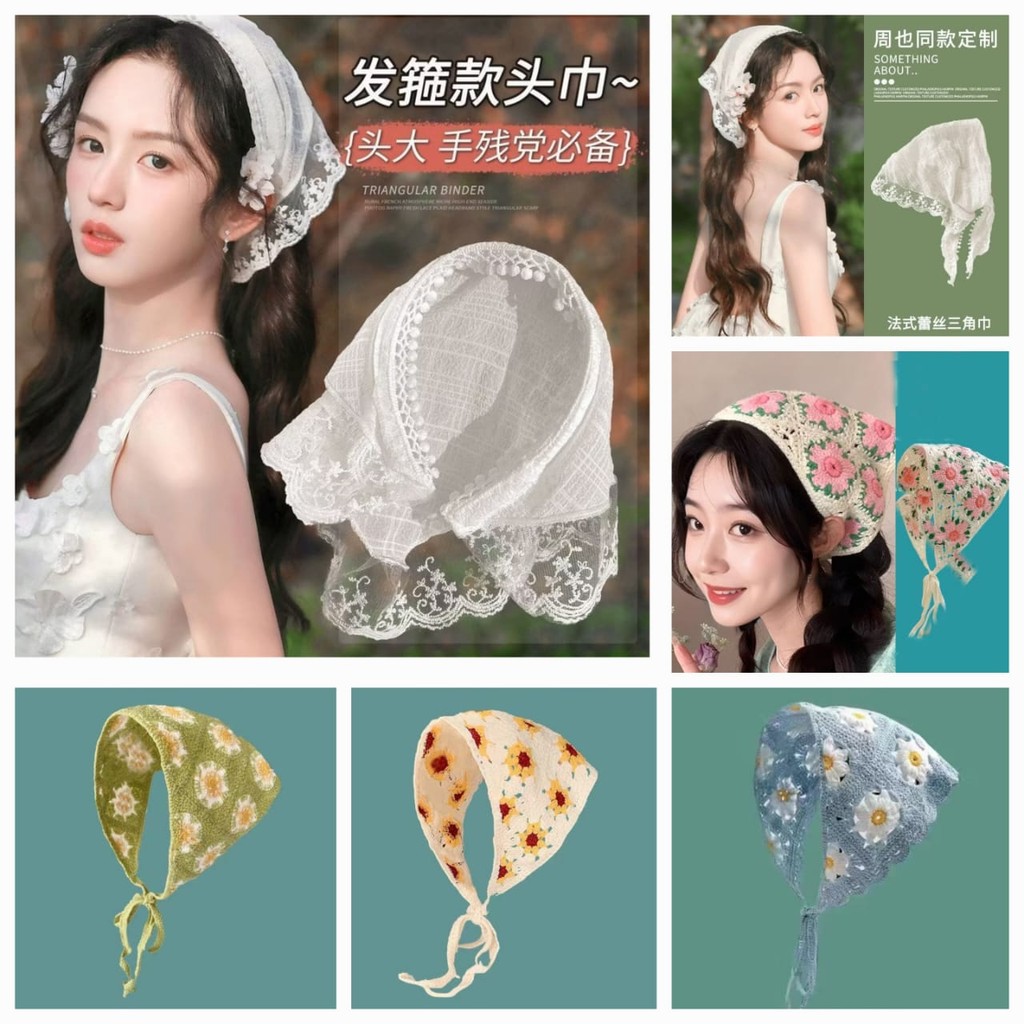 French Headscarf Pastoral Style Triangular Lace Head Scarf Waist Scarf ...