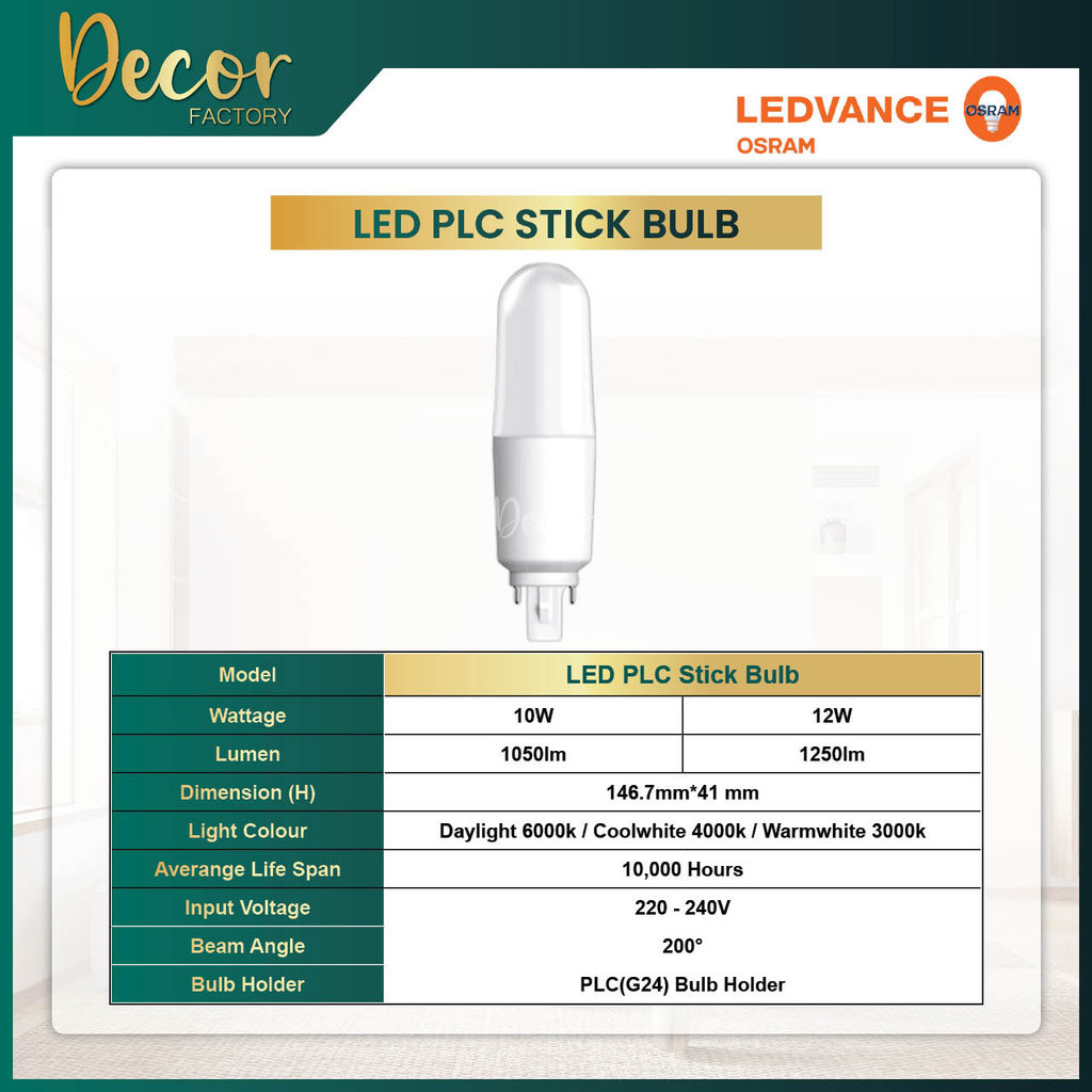 OSRAM LED Bulb PLC Stick 10W 12W (G24) Mentol PLC Stick LED Bulb Daylight / Coolwhite ...