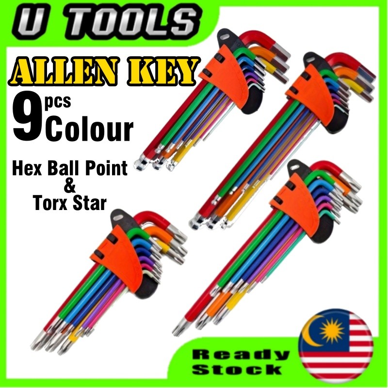 9Pcs Allen Key Set Colour Coded Hexagon Hex Ball Point Torx Star Wrench ...