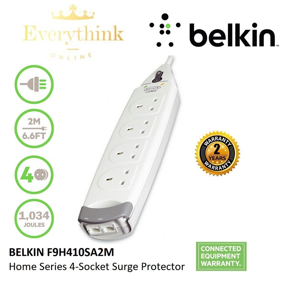 BELKIN F9H410SA2M 4 UK PLUGS EXTENSION SOCKET WITH TEL PORT , SURGE PROTECTOR SOCKET PLUG SIRIM ...