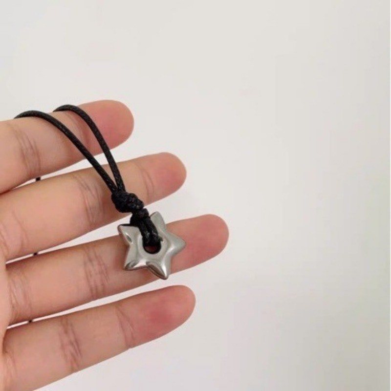 Korean Ins Style Hollowed Out Star Pentagram Black Rope Necklace with ...