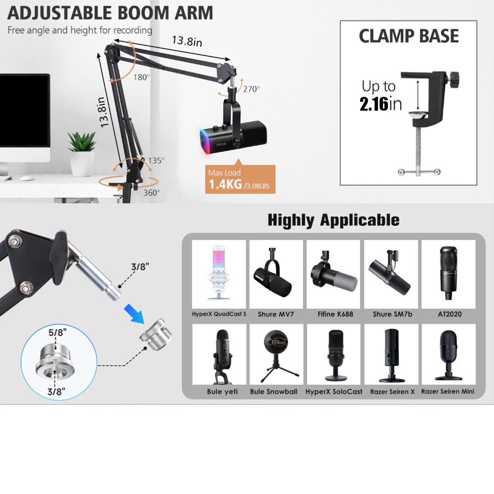 Boom Arm Compatible with Fifine Dynamic Microphone (K688), Mic Arm for ...