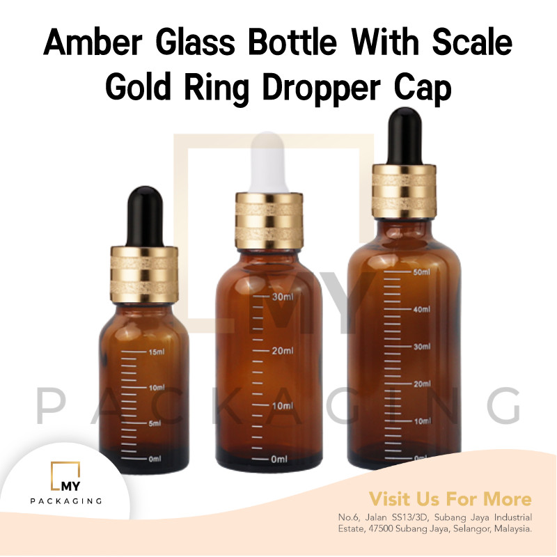 Amber Glass Bottle with Scale 15ml to 50ml + Sanded Gold Ring Glass ...