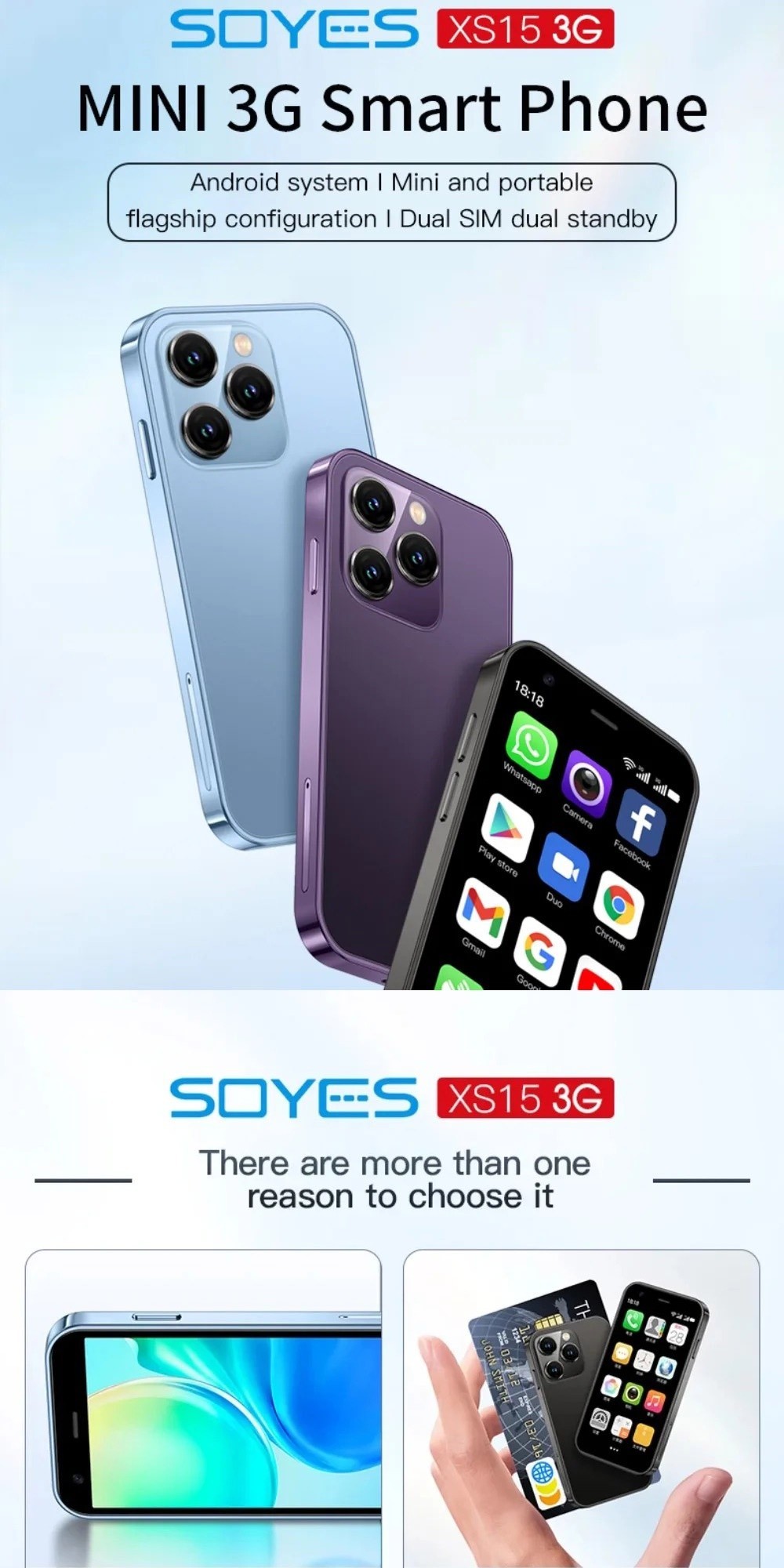 SOYES XS15 Ultra-thin 3.0Inch Small Phone 2GB+16GB Android 8.1 Dual SIM Standby 3G Mini ...