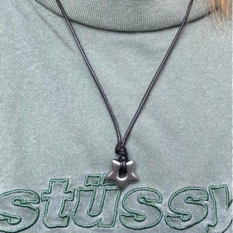 Korean Ins Style Hollowed Out Star Pentagram Black Rope Necklace with ...