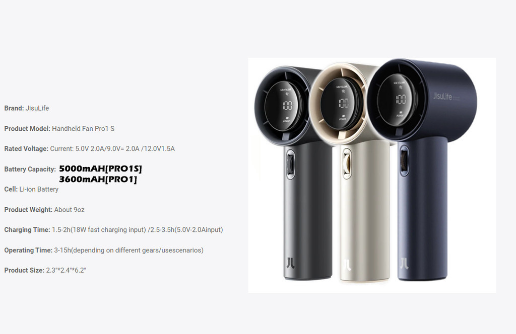 JISULIFE Handheld Fan Pro1 Pro1S Portable Bladeless Rechargeable 100 ...