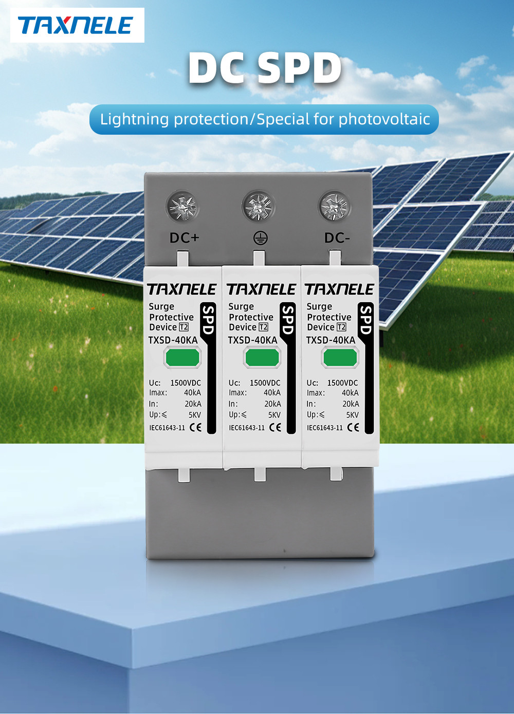 DC SPD Surge Protector PV Photovoltaic 1000V 1500V 40KA 3P Surge ...