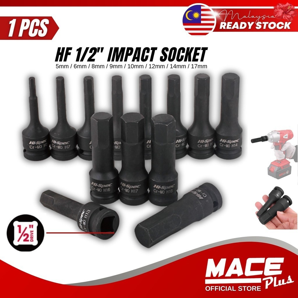 HF 1/2" Impact Deep Socket 6 Point 5-17MM Black Socket Long Socket ...