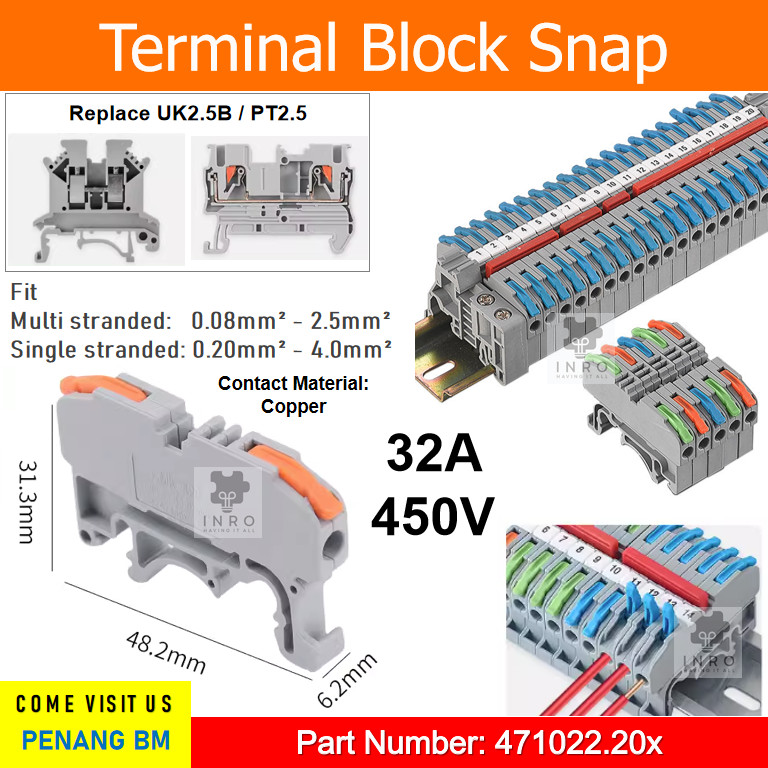 [1pc] 1 to 1 UK2.5B Din Rail Snap Fit Auto Wire Connector Press Fit ...
