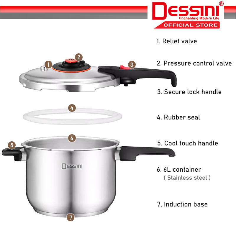 DESSINI ITALY 6L Non-stick Stainless Steel Induction Pressure Cooker ...