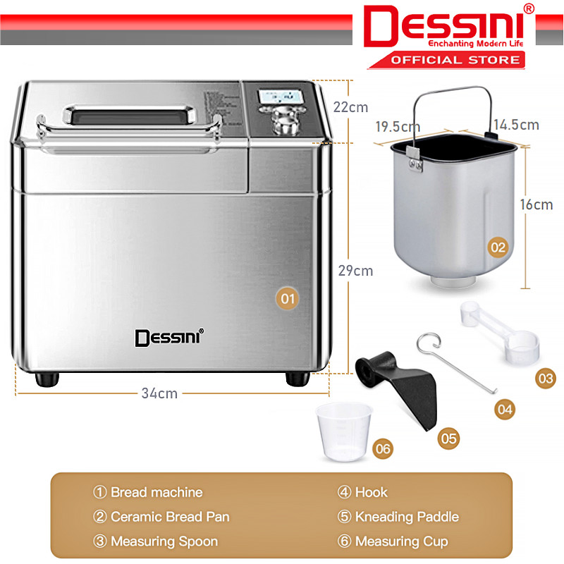 DESSINI ITALY 15-In-1 Programmes 1KG LCD Automatic Bread Maker ...