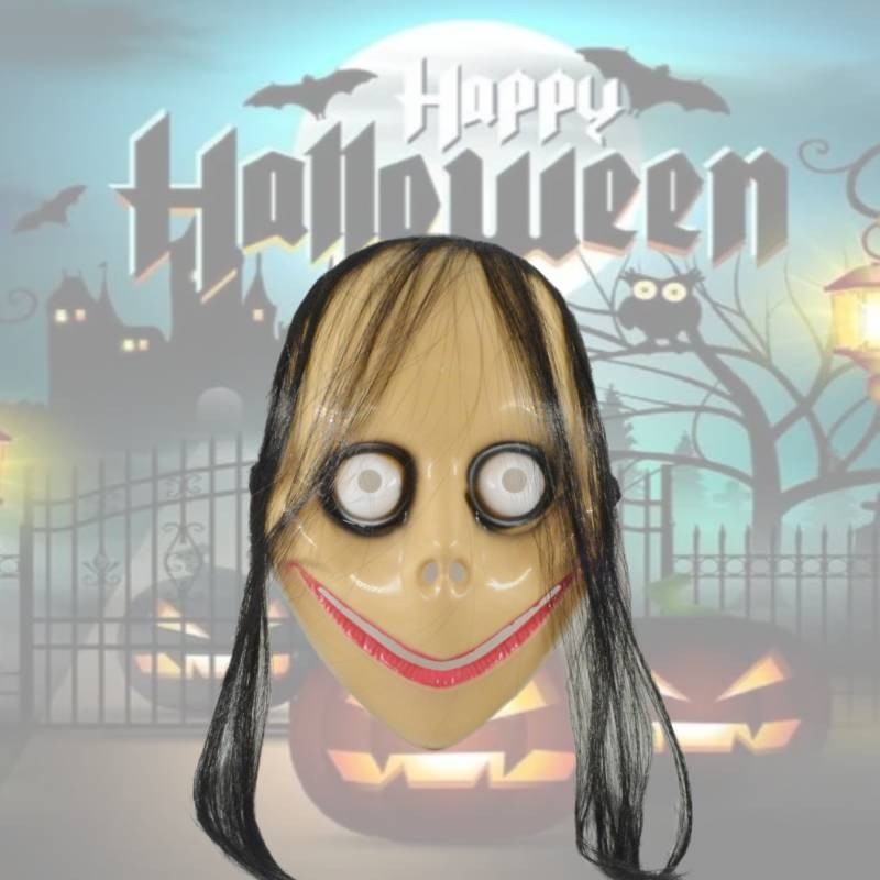 Long Terrifying Hair Momo Mask Plastic Scary Face For Halloween Parties ...