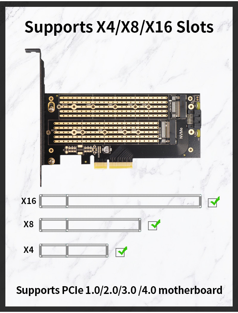 JEYI SK6 M.2 Dual M.2 PCIE 4.0 Adapter for NVMe / NGFF SSD, NVME (m Key) and SATA (b Key) SSD to ...
