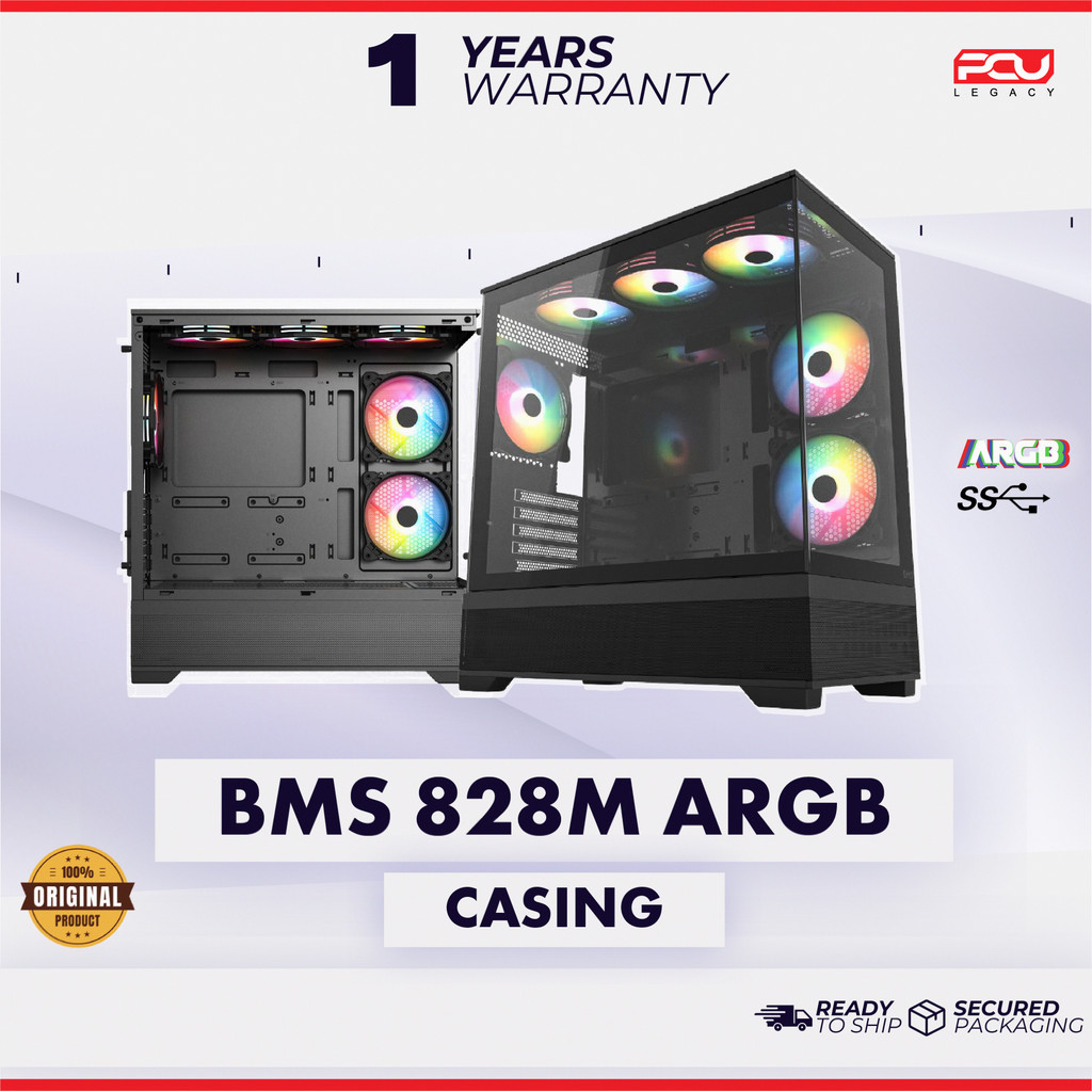 BMS 828M ARGB BLACK M-ATX CASE (TG/120MM ARGB FAN X 6/USB3.0 X2/USB2.0 ...