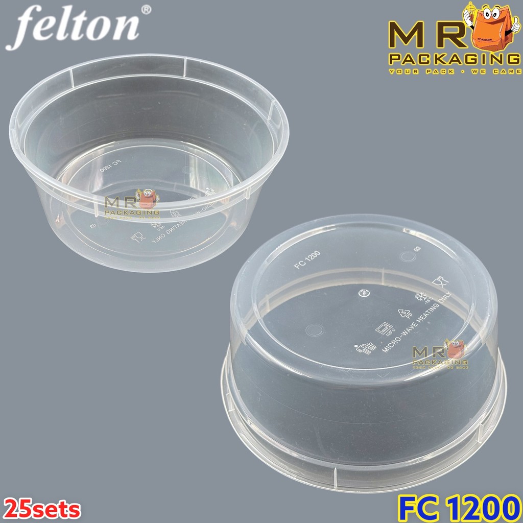 Felton 1200ml Round PP Container & Lid ( 25sets± ) FC1200 FC 1200 ml Disposable Plastic Food Box ...