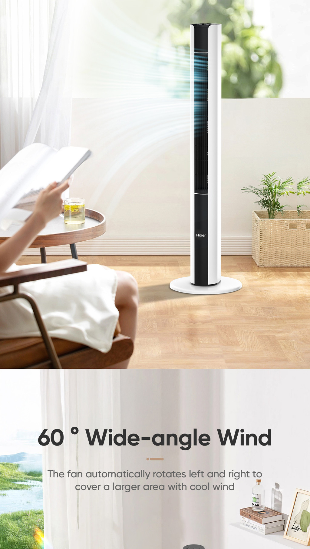 Haier Electric Tower Fan with LED Touch Control 15H Timer Cooling Stand ...