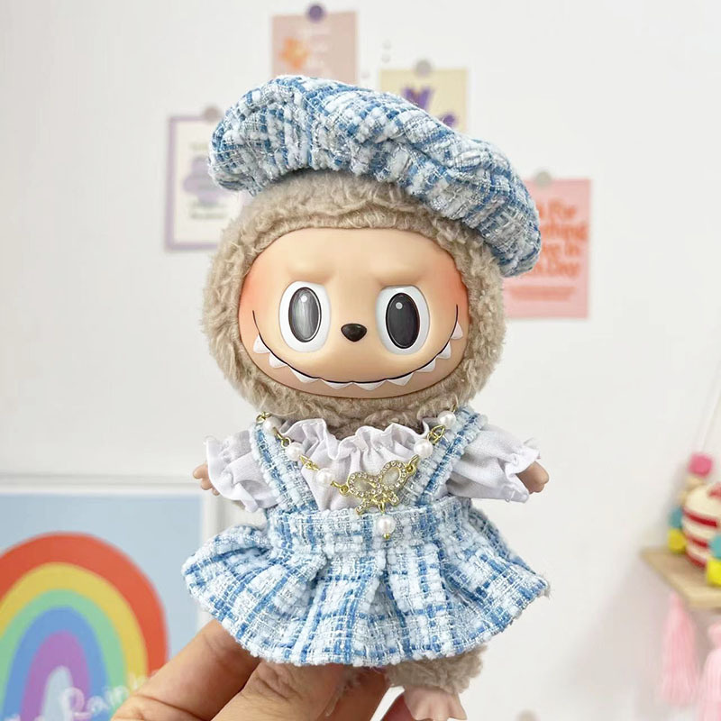 Labubu Have A Seat Clothes with Necklace Hat 17cm Doll Clothes Cosplay Rabbit Plaid Dress for ...