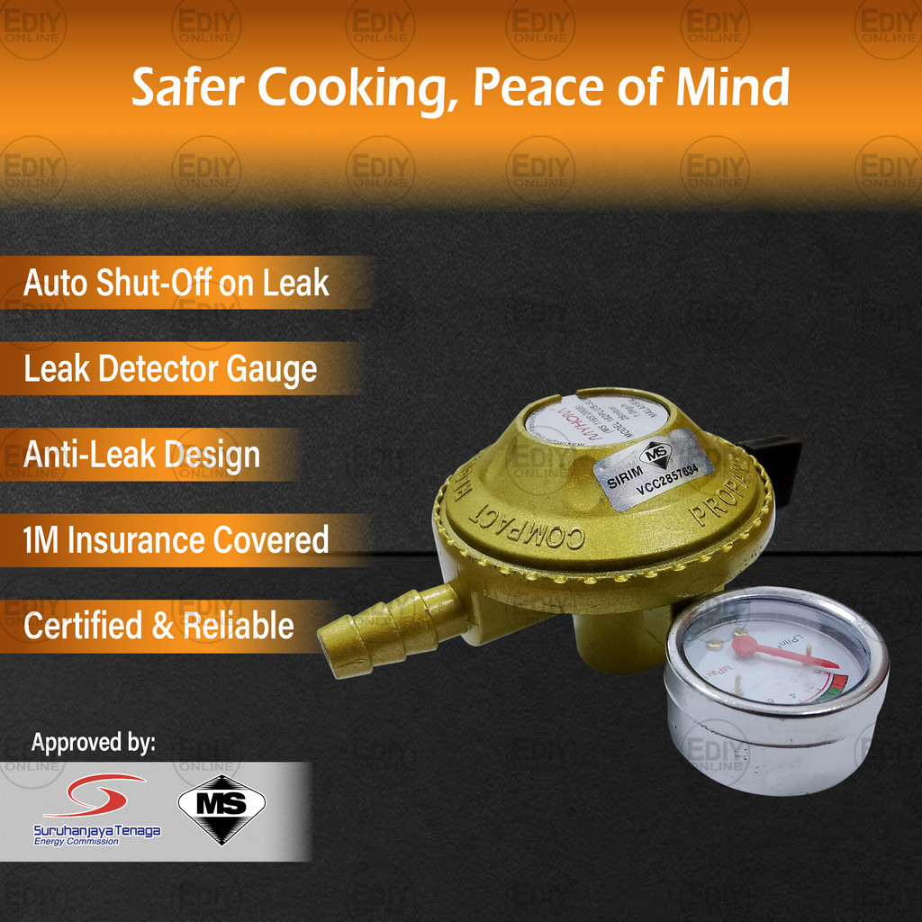 MYHOM 182PLUS-SLM ANTI-LEAK & GAUGE LPG LOW PRESSURE GAS REGULATOR ...