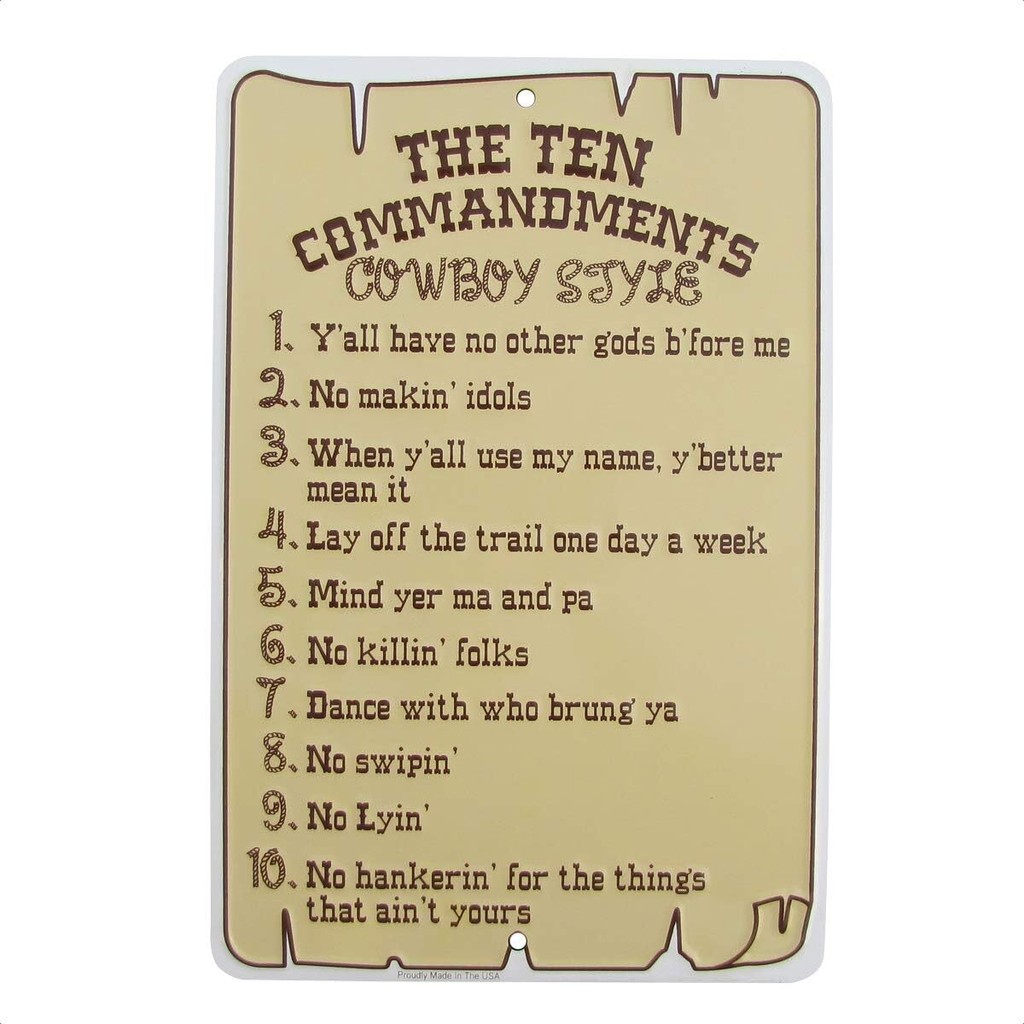 The Ten Commandments Cowboy Style Metal Tin Sign Treasure Gurus Vintage ...