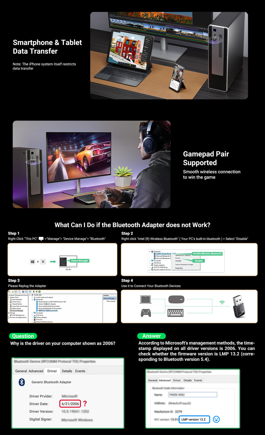 UGREEN USB Bluetooth Adapter 6.0 5.4 Nano Wireless Dongle Plug and Play ...