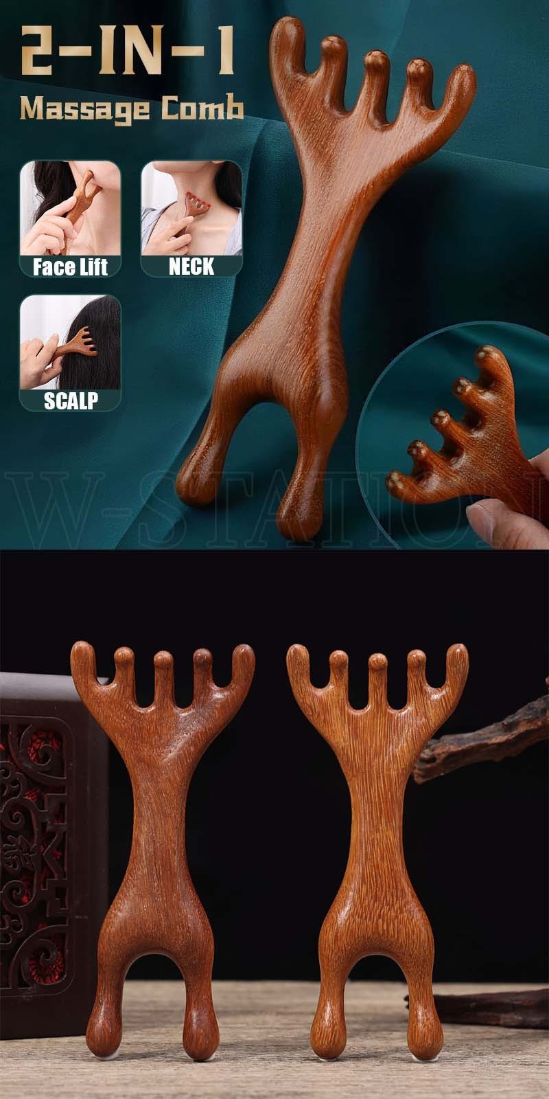 Sandalwood Scalp Massage Comb - Deer Antler Acupuncture Comb - Wide ...