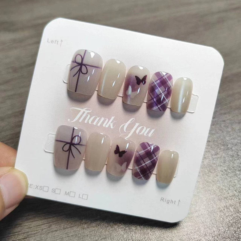10 PCS/set Handmade Fake Nail Set with Glue Cat Eye Fake Nails | Shopee ...