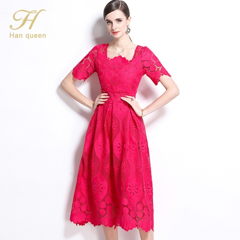 Han Queen Summer French Style Floral Crochet Lace Midi Dress for Work ...