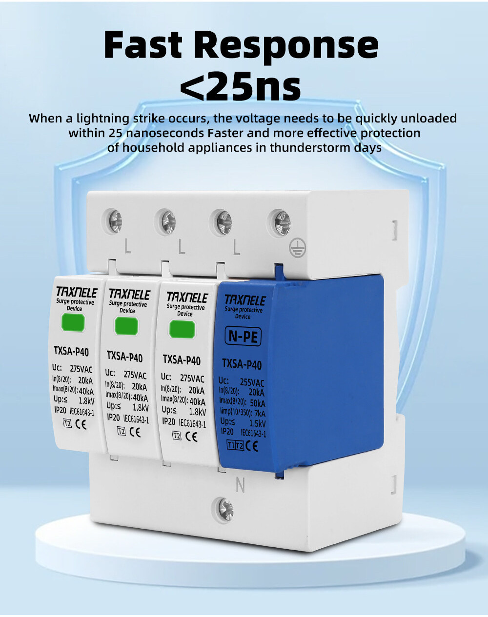 AC SPD 3P+NPE 40KA385V 275V House Surge Protector Protective Low ...